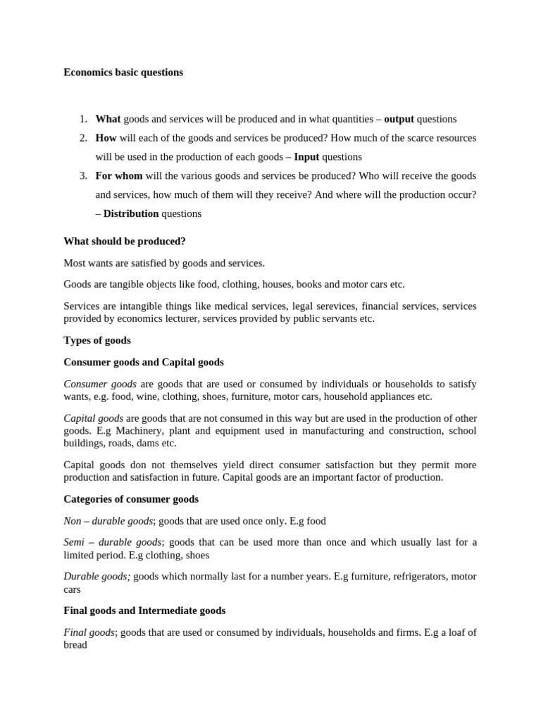 ECONOMICS BASIC QUESTIONS | PDF | Goods | Market (Economics)