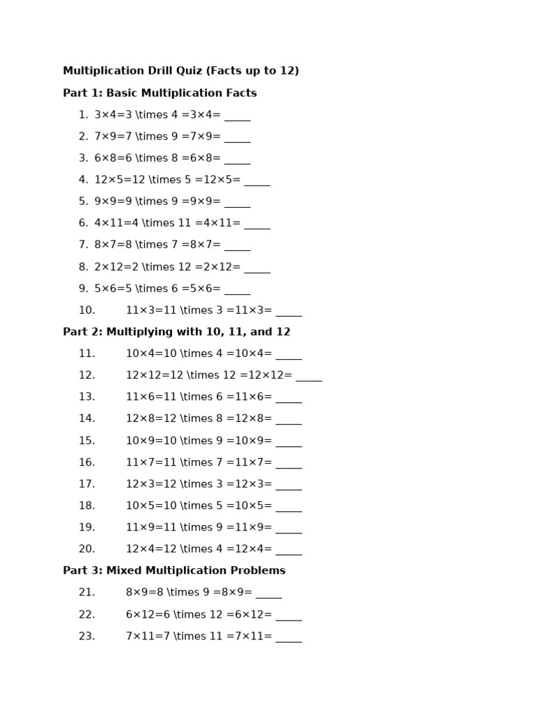Multiplication Quiz: Facts up to 12 | PDF
