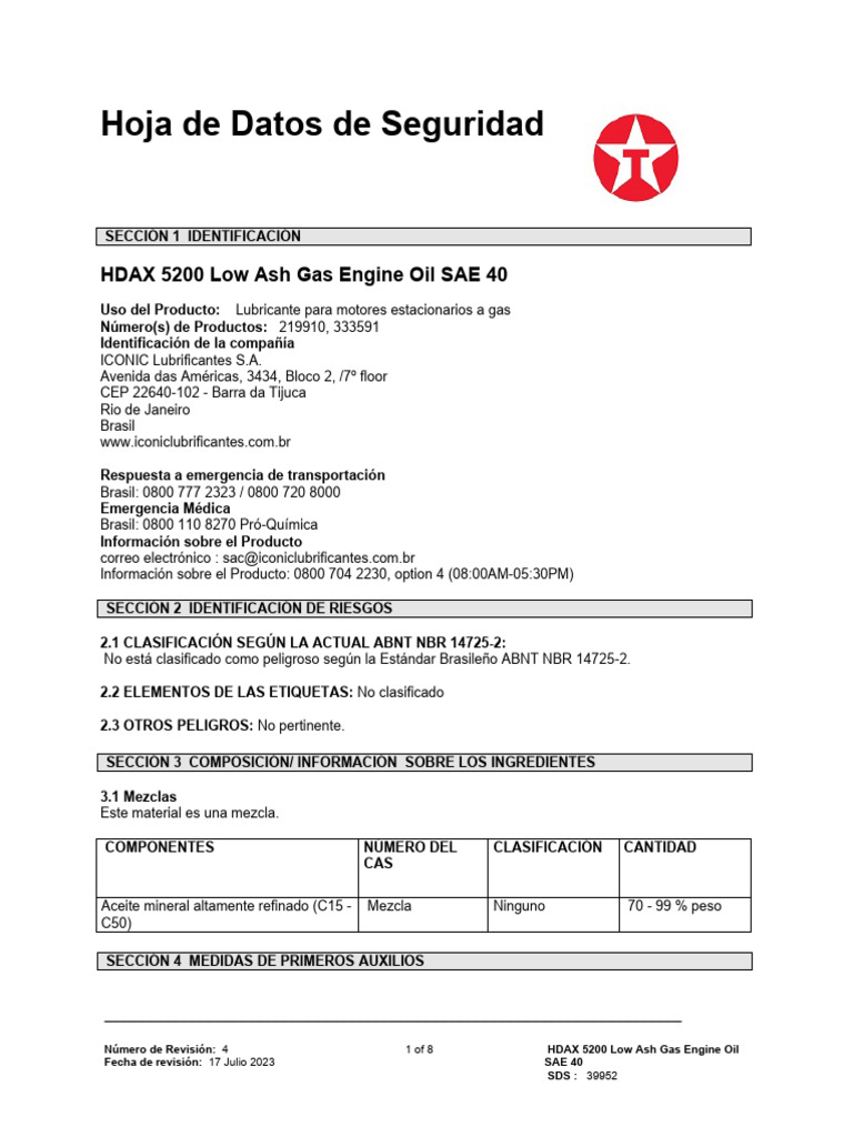 Fds Hdax 5200 Low Ash Gas Engine Oil Sae 40 333591 Rev 170723 SP Esp ...