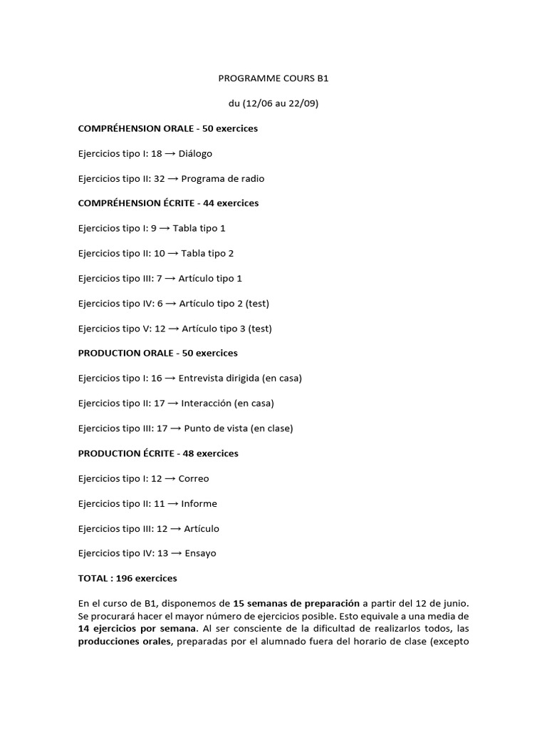 Programa de Curso B1: Ejercicios y Evaluación | PDF
