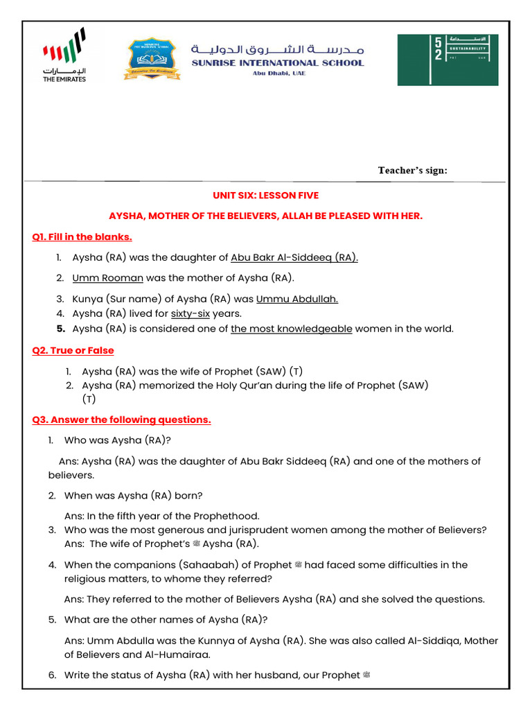Unit Six Lesson Five Aysha, Mother of The Believers, Allah Be Pleased ...