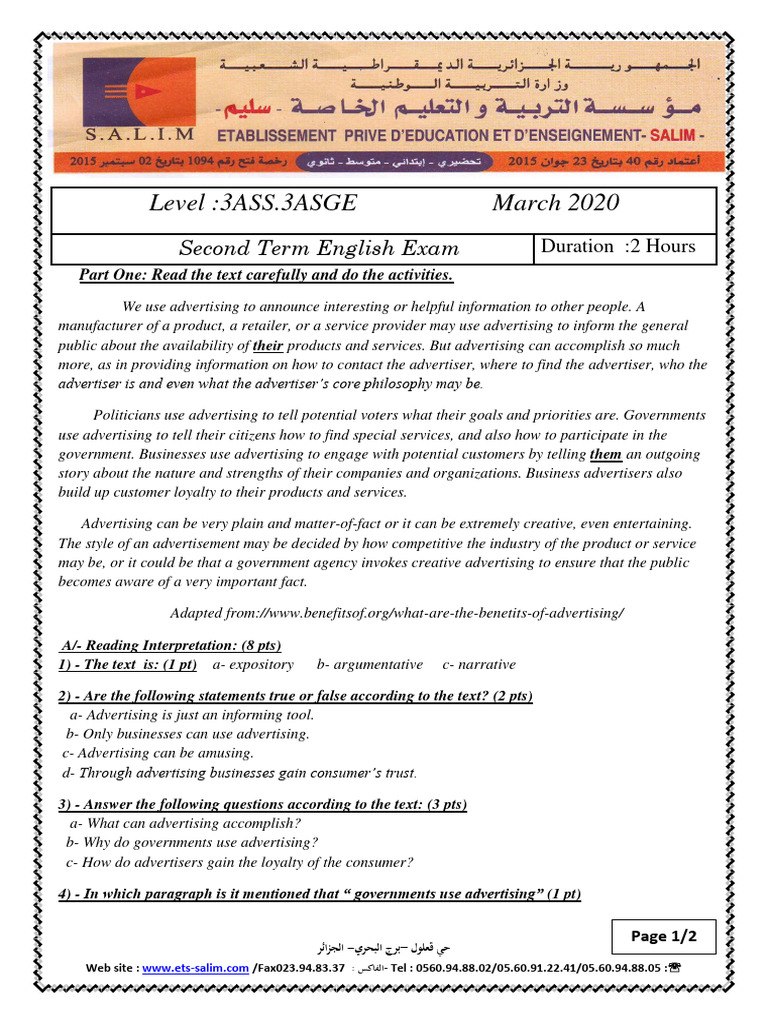 Dzexams 3as Anglais 501650 | PDF | Advertising | Linguistic Morphology