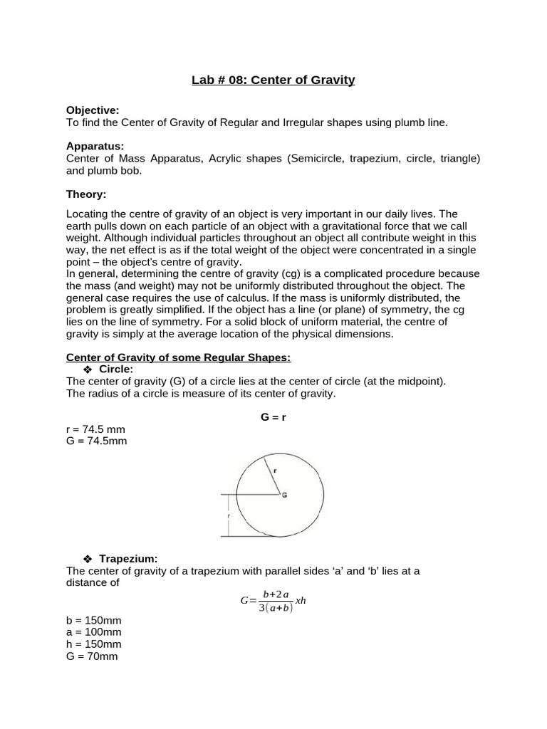 Lab No-9 Centre of Gravity | PDF | Center Of Mass | Gravity