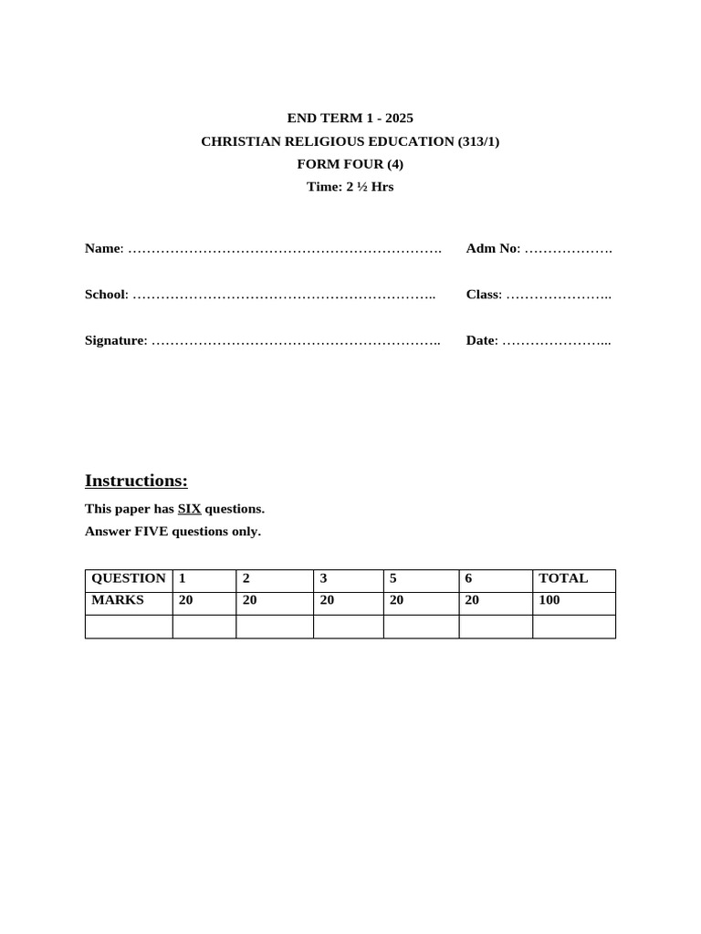 KCSE 2025 CRE Paper 1 Questions | PDF