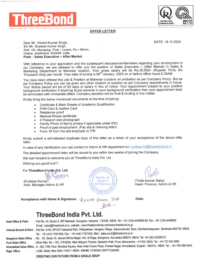 Mr. Vikrant Singh at Offer Letter | PDF