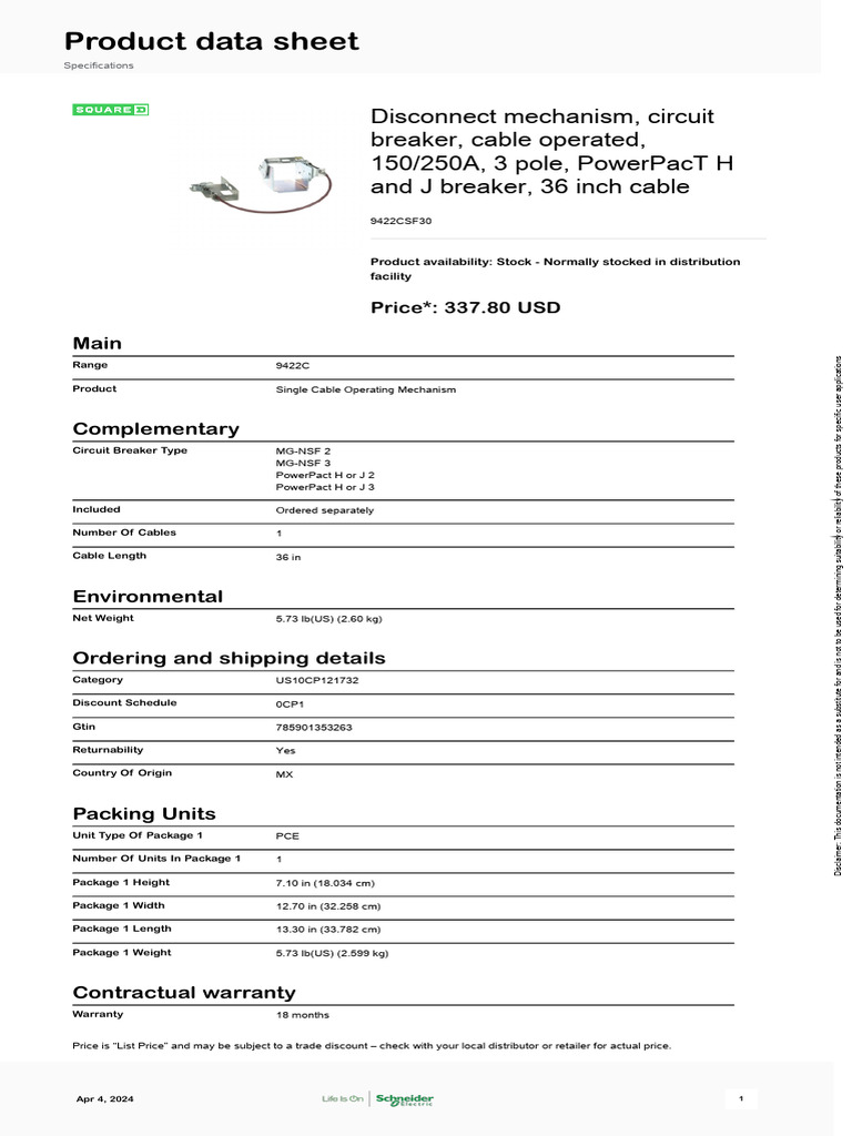 Schneider Electric_Dual-Cable-Operating-Mechanisms_9422CSF30 | PDF