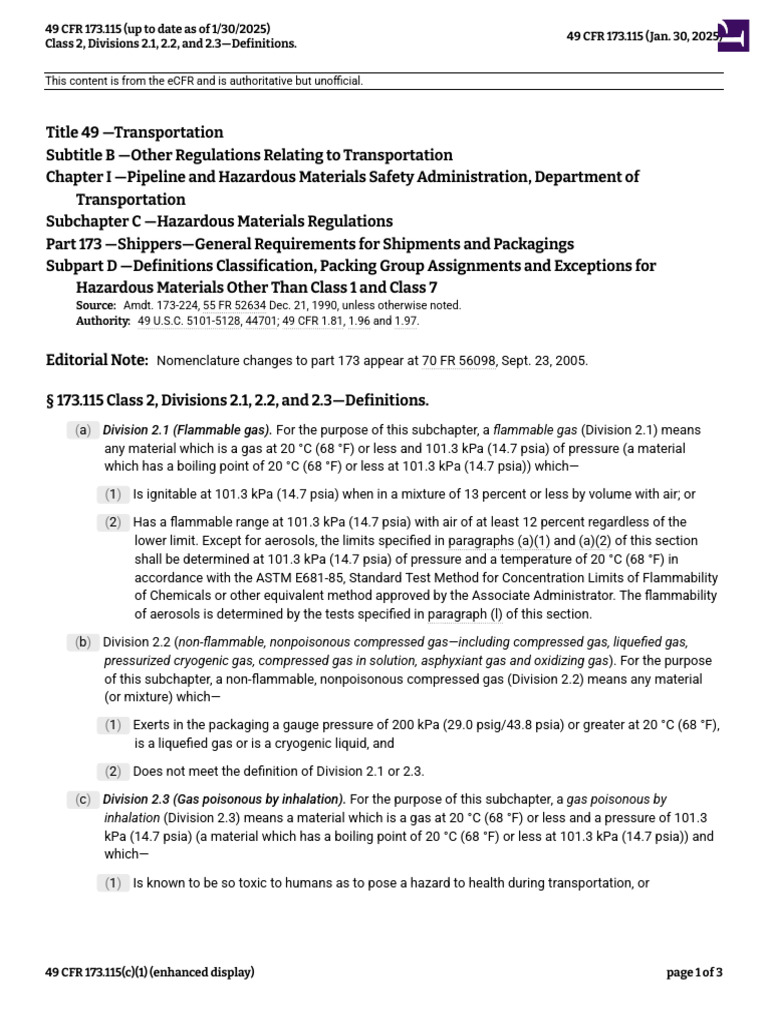 49 CFR 173.115 (Up To Date As of 1-30-2025) | PDF | Gases | Pressure