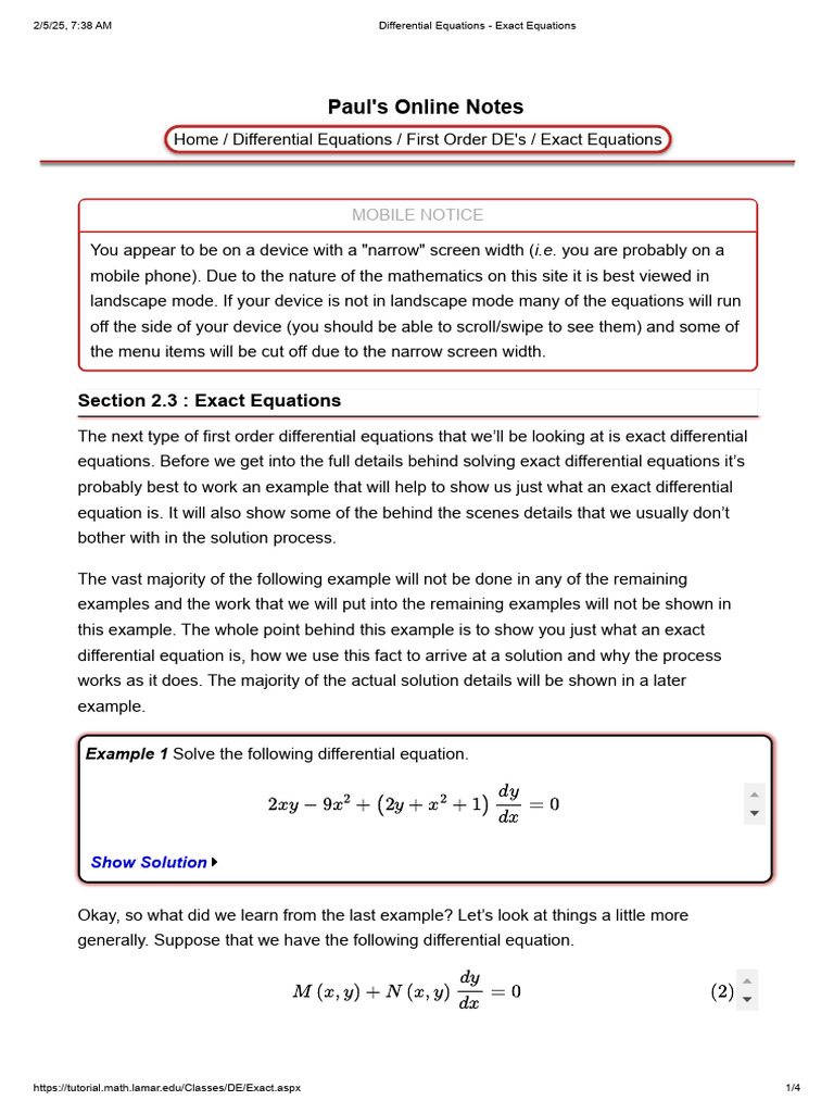 Differential Equations - Exact Equations | PDF | Equations | Function ...