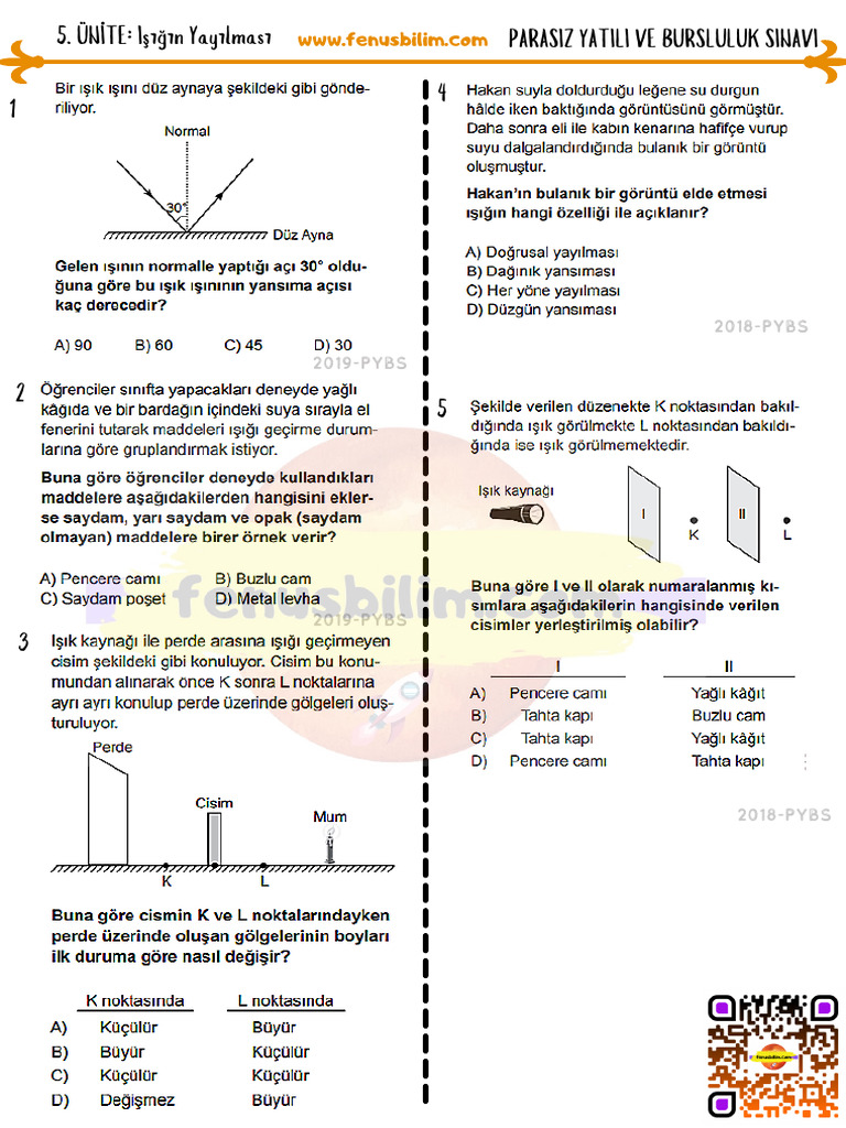 5.-UNITE-ISIGIN-YAYILMASI-2022-2015-PYBS-SORULARI-1 | PDF