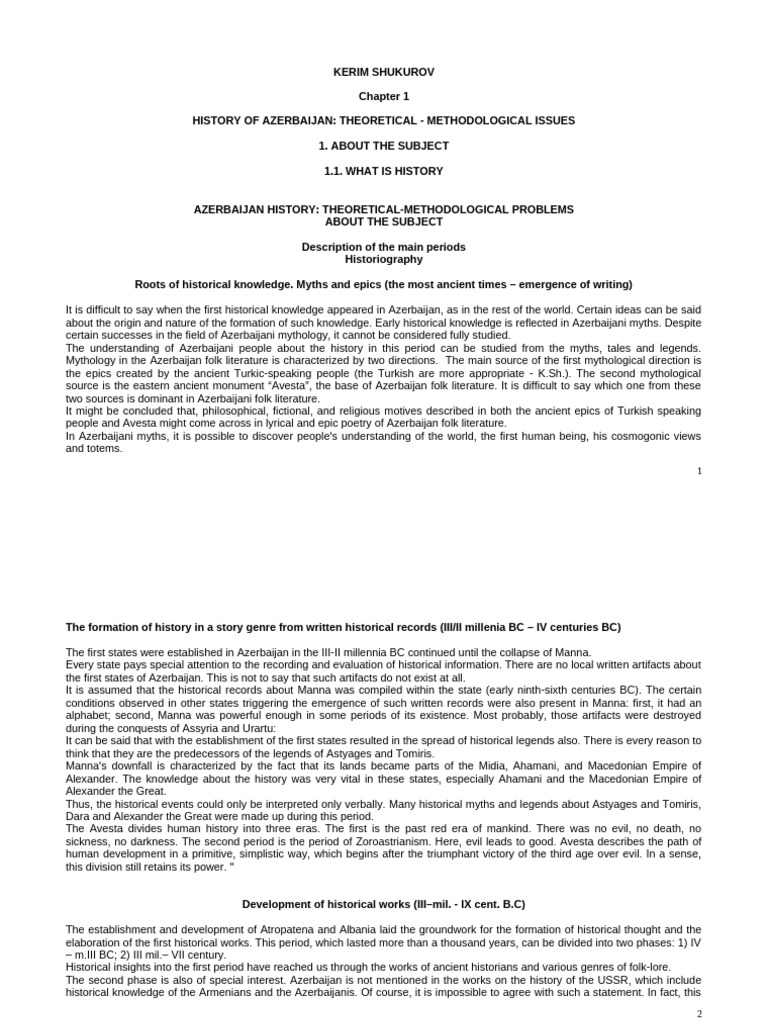 K. Shukurov. Introduction To History. Theoretical and Methodological Problems of Azerbaijan ...