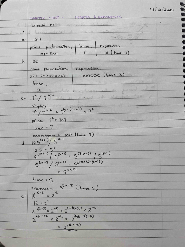 Indices and Exponents - Chapter Test - Math | PDF