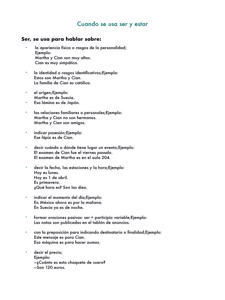 Cuando se usa "Ser" y "Estar" Nivel A2 español | PDF | Gramática | Sintaxis