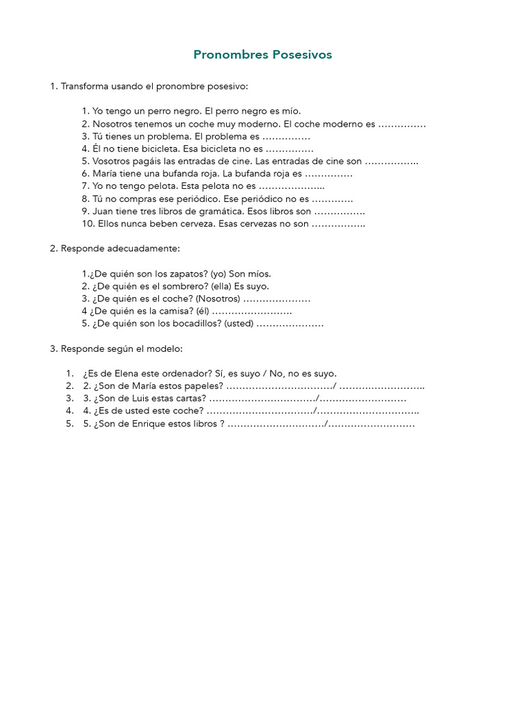 Ejercicio Completa Con Pronombres Posesivos Español Nivel A2 | PDF