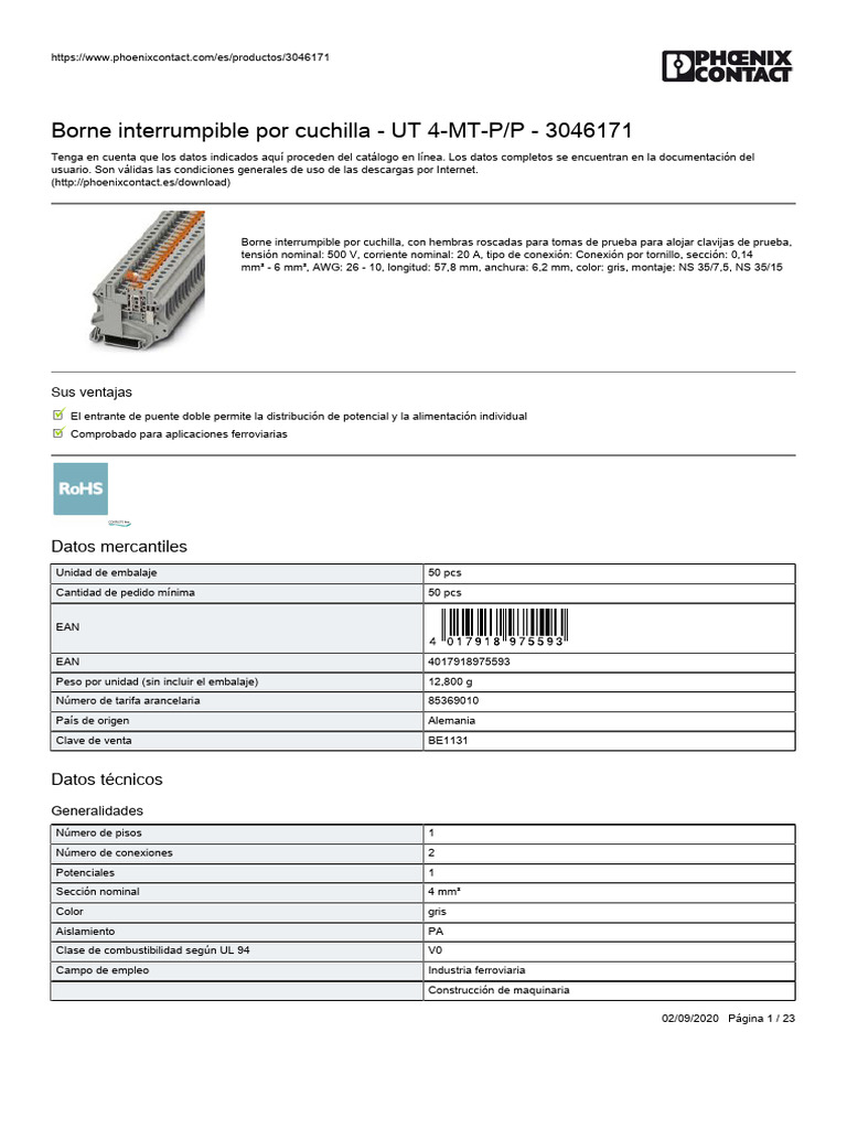 Borne Interrumpible UT 4-MT-P/P 20A 500V | PDF | Tornillo | Materiales