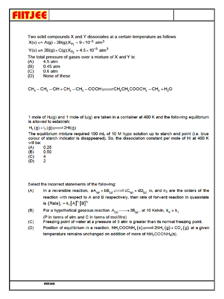 Chemical Equilibrium Practice Questions | PDF | Chemical Equilibrium ...