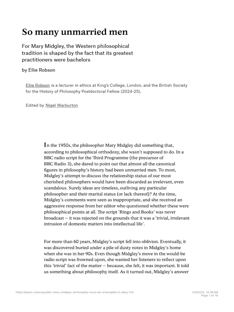 Mary Midgley on Philosophy and Bachelors | PDF | Knowledge | René Descartes