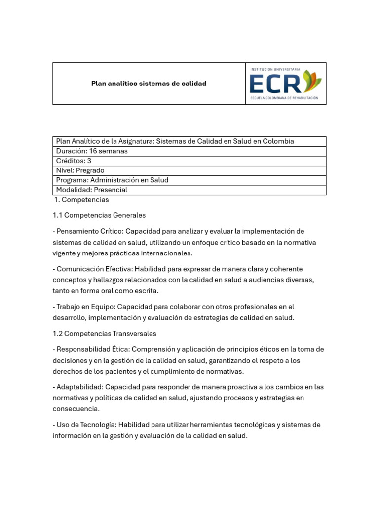 Plan Analítico Sistemas de Calidad | PDF | Calidad (comercial) | Evaluación
