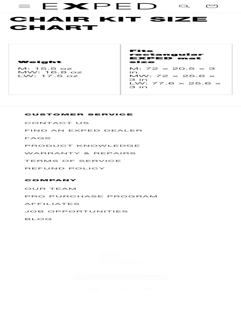 Chair Kit Size Chart - EXPED USA | PDF