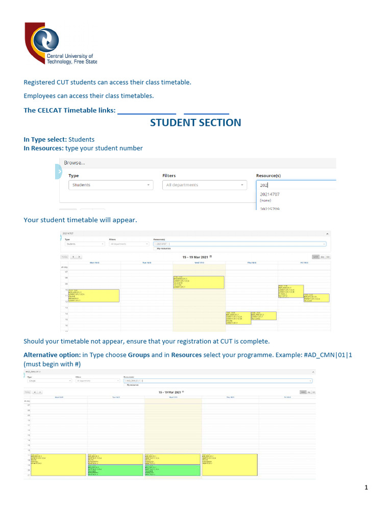How To Guide For Class Timetable On CELCAT | PDF