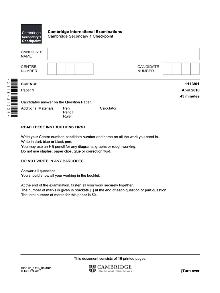 Cambridge Secondary 1 Science Exam Paper | PDF