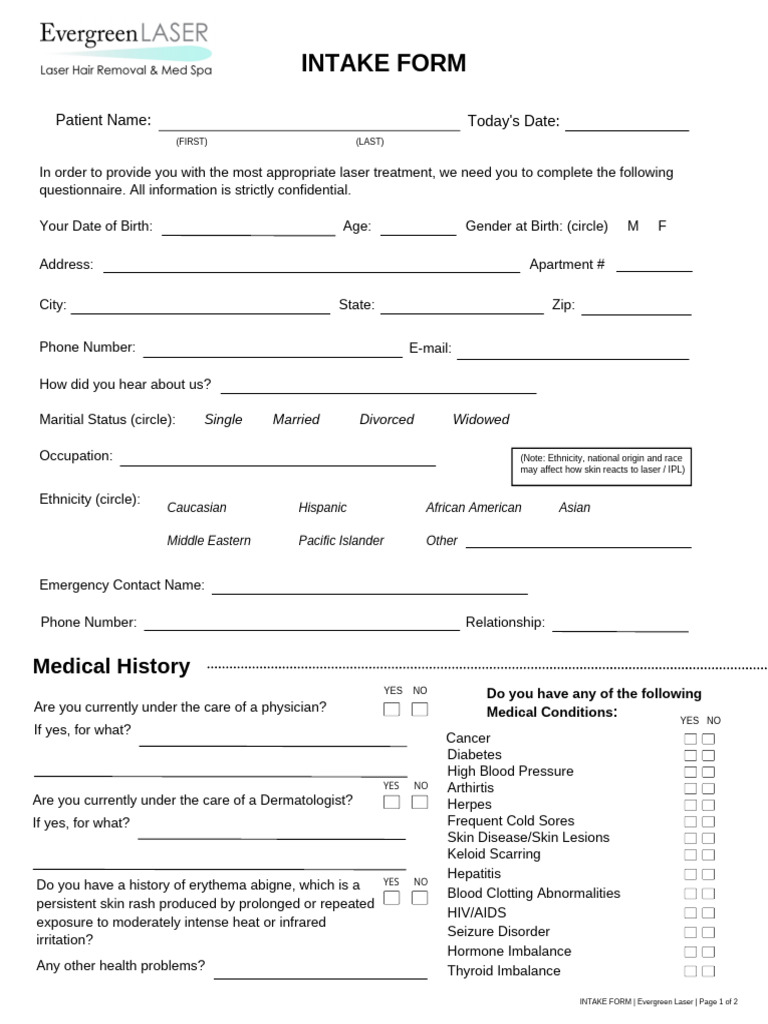 Intake Form Medical History | PDF | Hair Removal | Medical Specialties