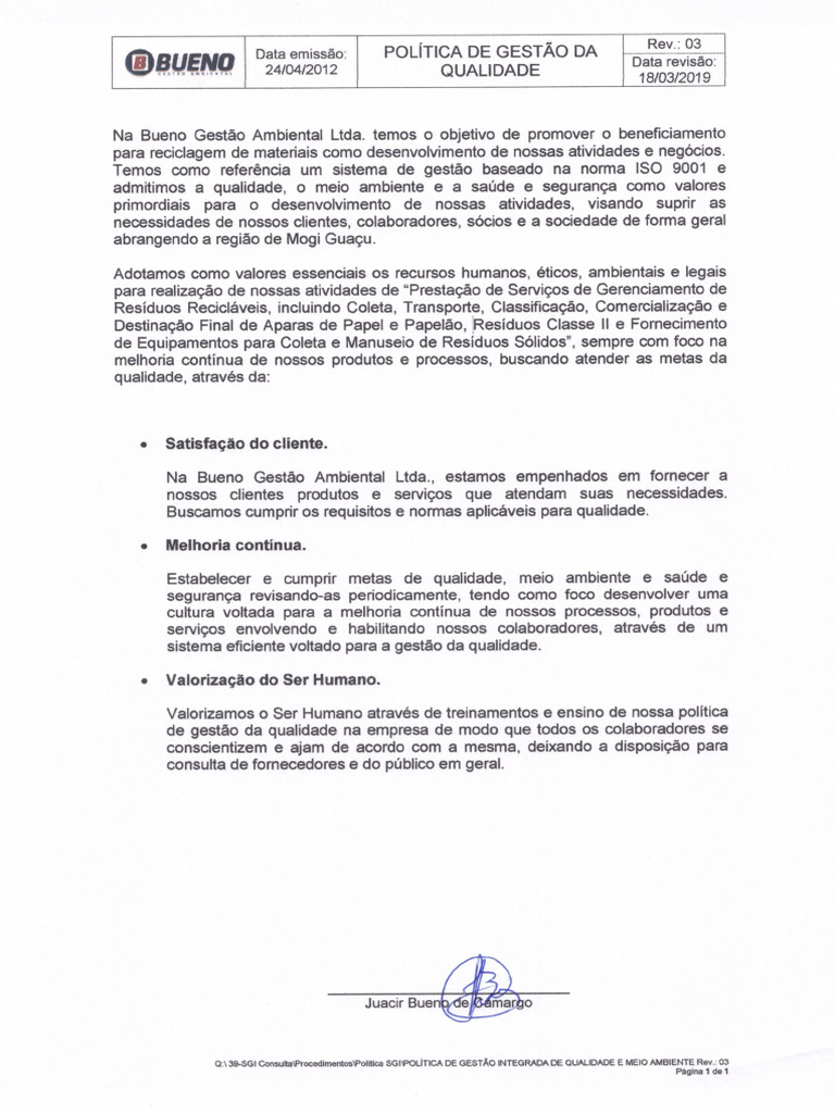 Politica Da Gestão de Qualidade Assinada 1 | PDF