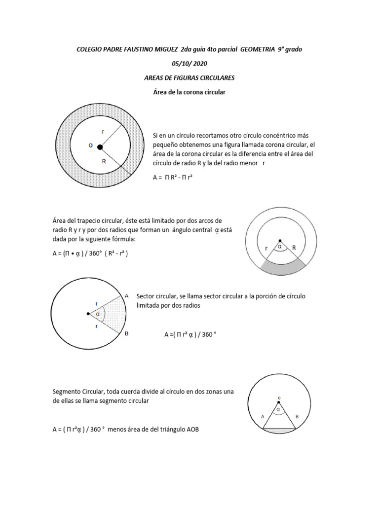 2da guia 4to corte parcial geometria 9° grado Areas de figuras circulares | PDF
