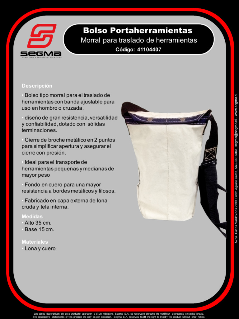 Ficha Proveedor Morral Porta Herramientas Segma 30664 | PDF