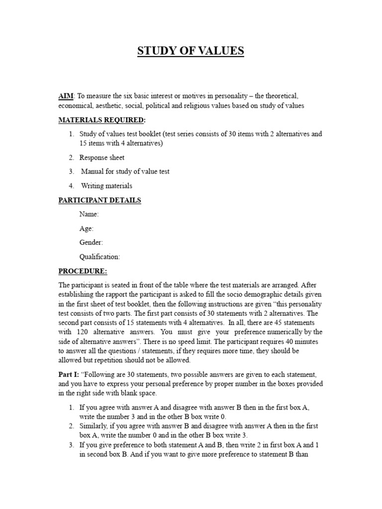 Study of Values - Aim & Procedure | PDF