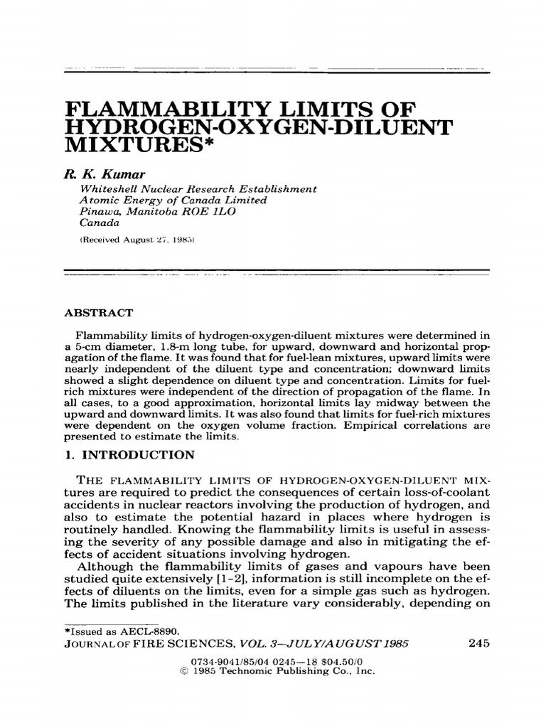 Kumar, Flammability Limitis of h2 (1985) | PDF | Combustion | Oxygen