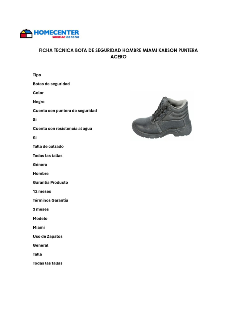 Ficha Tecnica Bota de Seguridad Hombre Miami Karson Puntera Acero | PDF