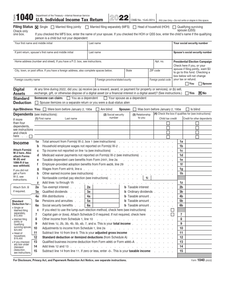 2022 U.S. Individual Tax Return Form 1040 | PDF | Irs Tax Forms | Tax ...