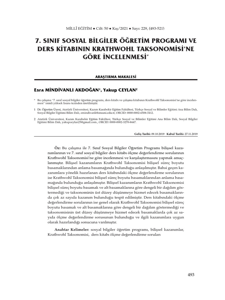 7. Sinif Sosyal b Lg Ler Ret m Programi Ve Ders k Tabinin Krathwohl Taksonom s Ne g Re Ncelenmes ...