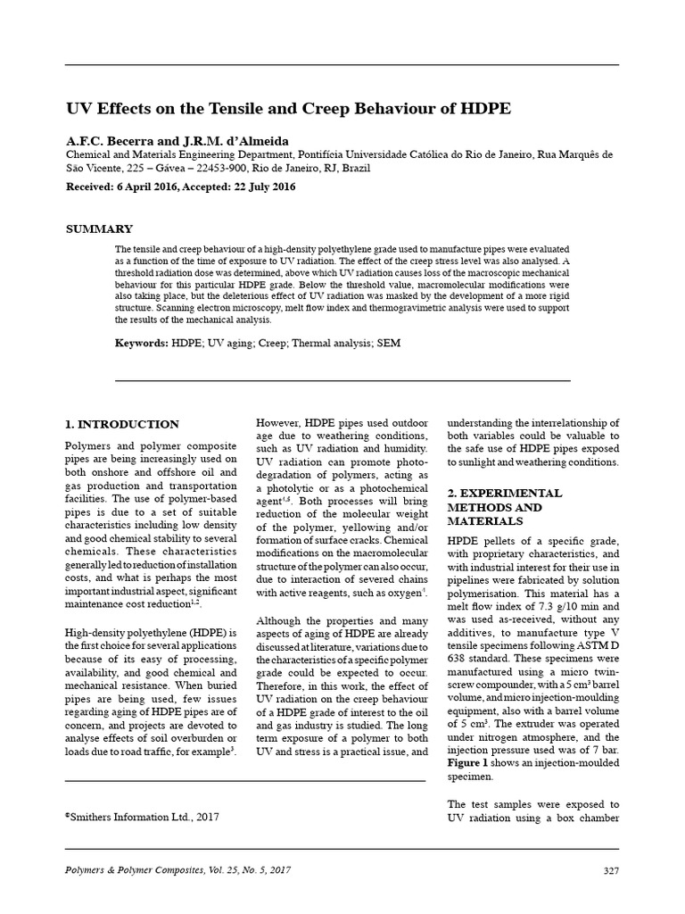 2016 - Uv Effects On The Tensile and Creep Behaviour of Hdpe | PDF ...
