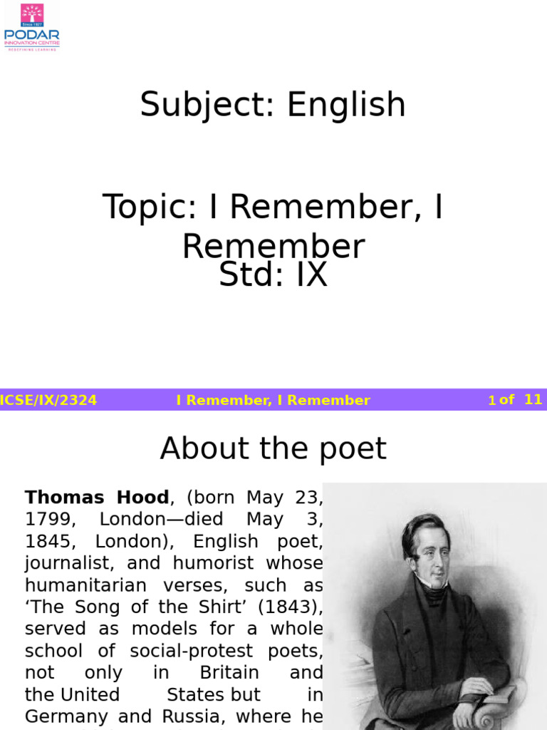 Thomas Hood's "I Remember, I Remember" Analysis | PDF | Poetry