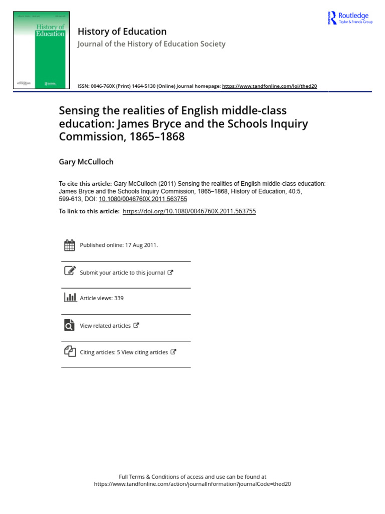 Sensing The Realities of English Middle Class Education James Bryce and The Schools Inquiry ...