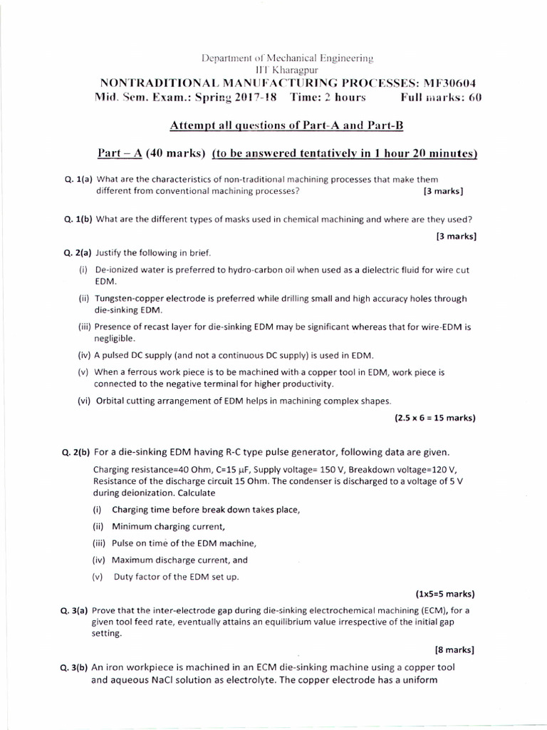 Nontraditional Manufacturing Exam 2017-18 | PDF | Industrial Processes ...