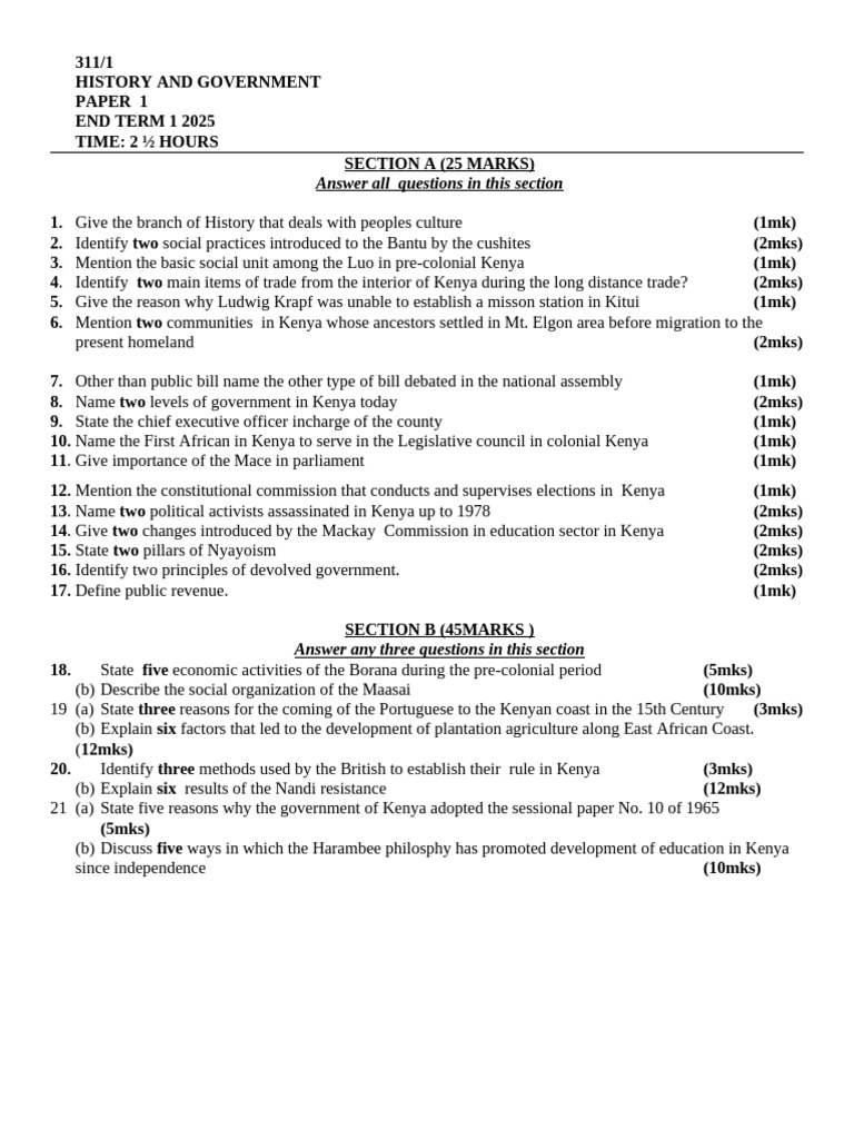 PP1 History Exam Outline 2025 | PDF | Kenya
