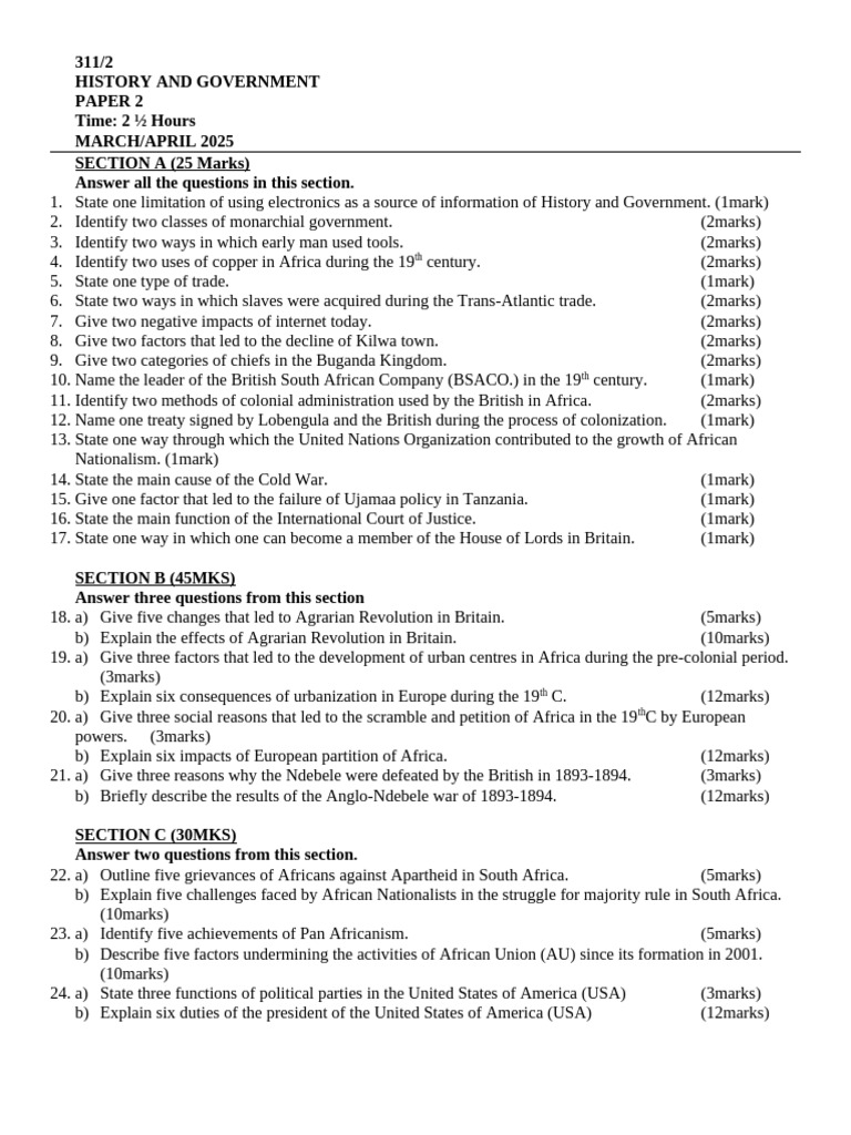 HISTORY & GOVERNMENT F4 PP2 QS | PDF | British Empire | Africa