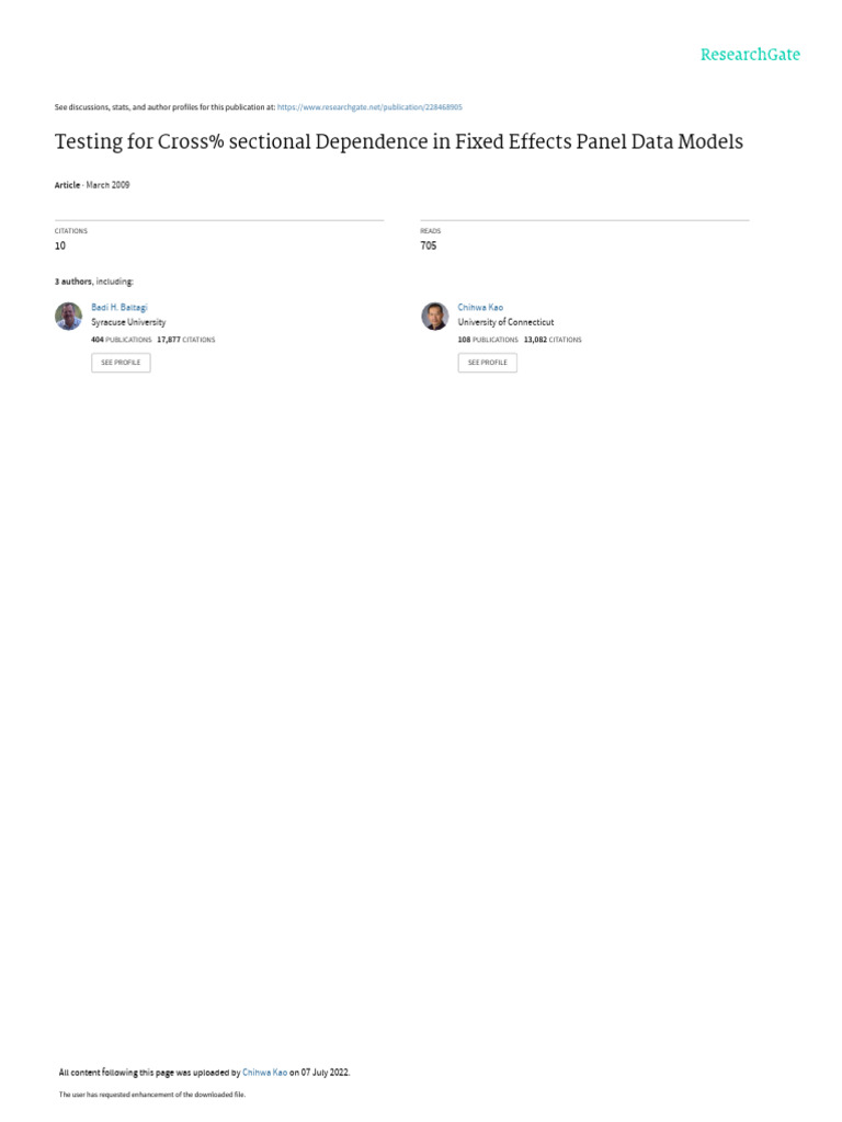Testing For Cross Sectional Dependence In Fixed Effects Panel Data Models Pdf Errors And