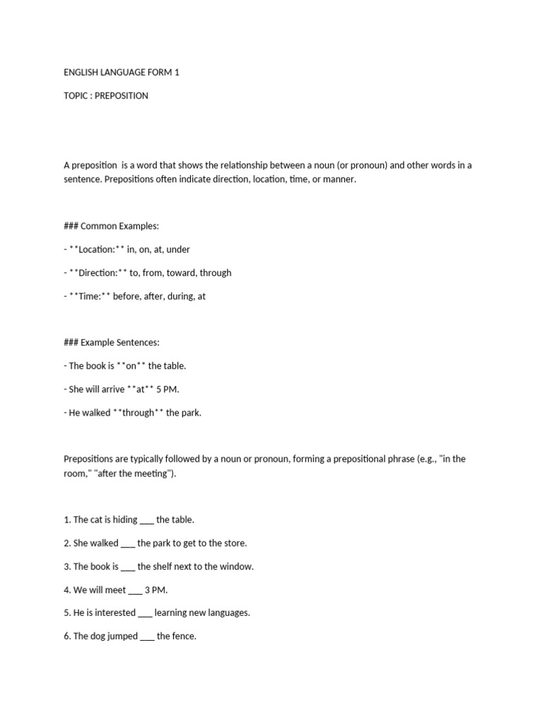 PREPOSITION Home Work form1 | PDF