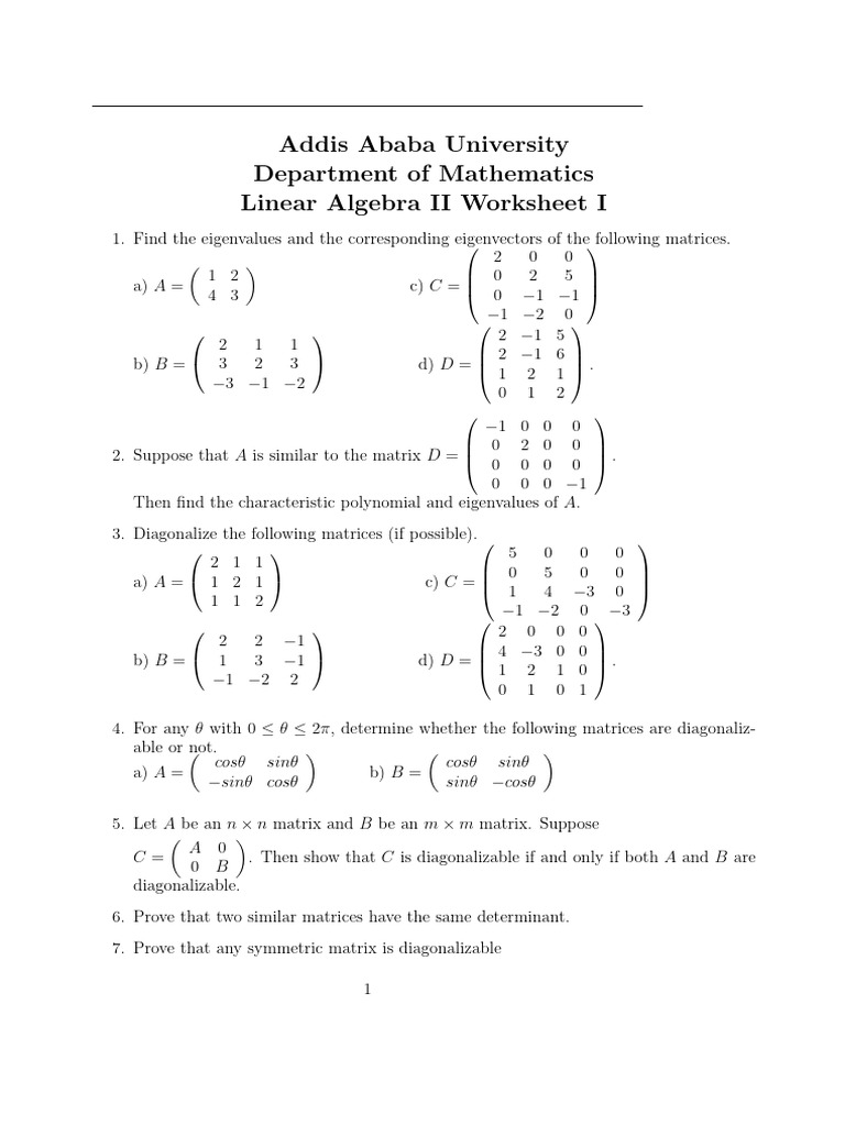Linear Algebra II Worksheet I | PDF | Eigenvalues And Eigenvectors | Matrix (Mathematics)