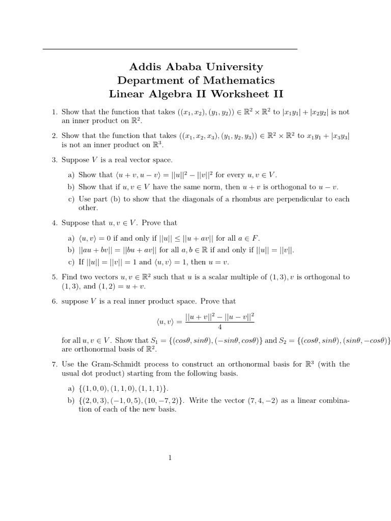 Linear Algebra II Worksheet II | PDF | Basis (Linear Algebra) | Linear ...