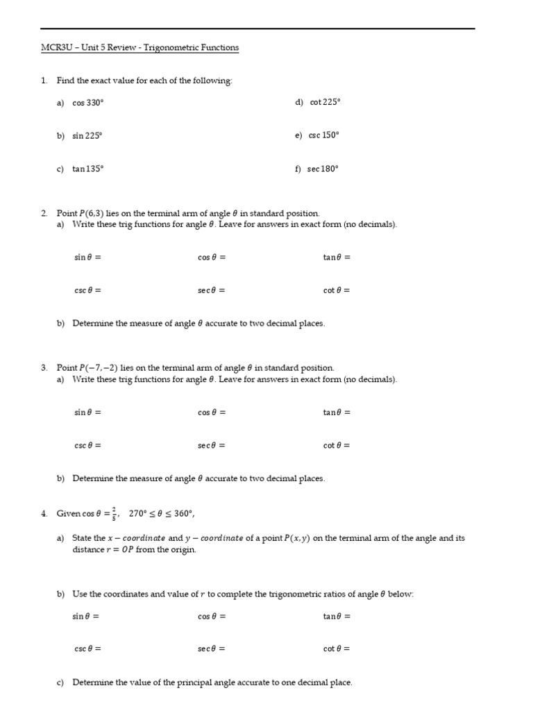 MCR3U - Unit 5 Trigonometry Review | PDF | Trigonometric Functions ...