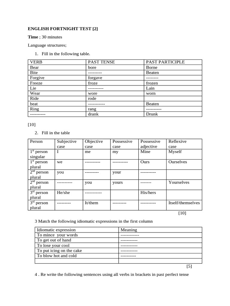 English Fortnight Test Overview | PDF | Verb | English Language