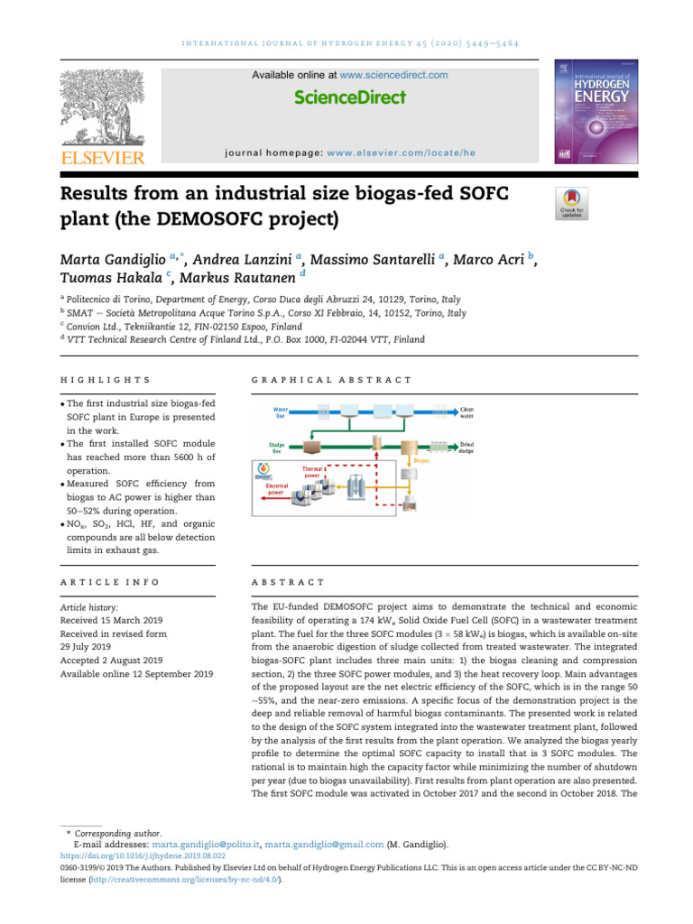 Gandiglio Et Al. Results From An Industrial Size Biogas-Fed SOFC Plant, 2019 | PDF | Biogas ...