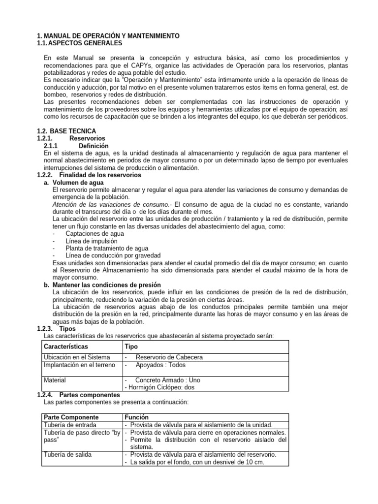 MANUAL DE OPERACIÓN Y MANTENIMIENTO | PDF | Agua | Reservorio