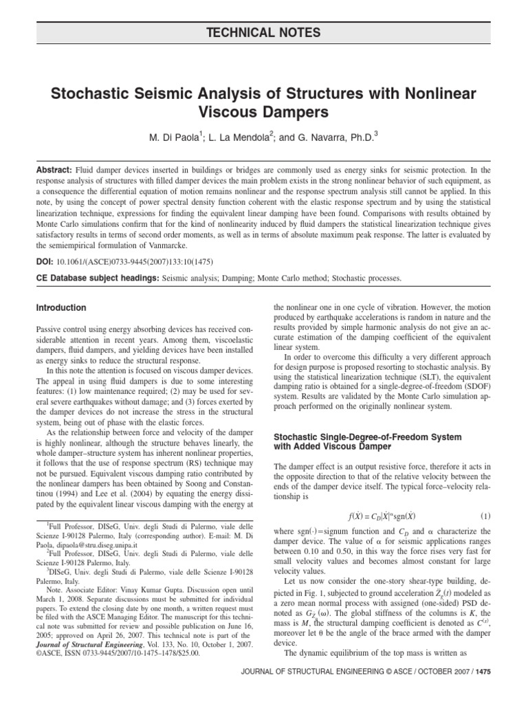 Stochastic Seismic Analysis of Structures With Nonlinear Viscous Dampers | PDF | Damping ...