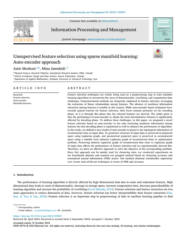Unsupervised Feature Selection Using Sparse Manifold Learning Auto-Encoder Approach | PDF ...
