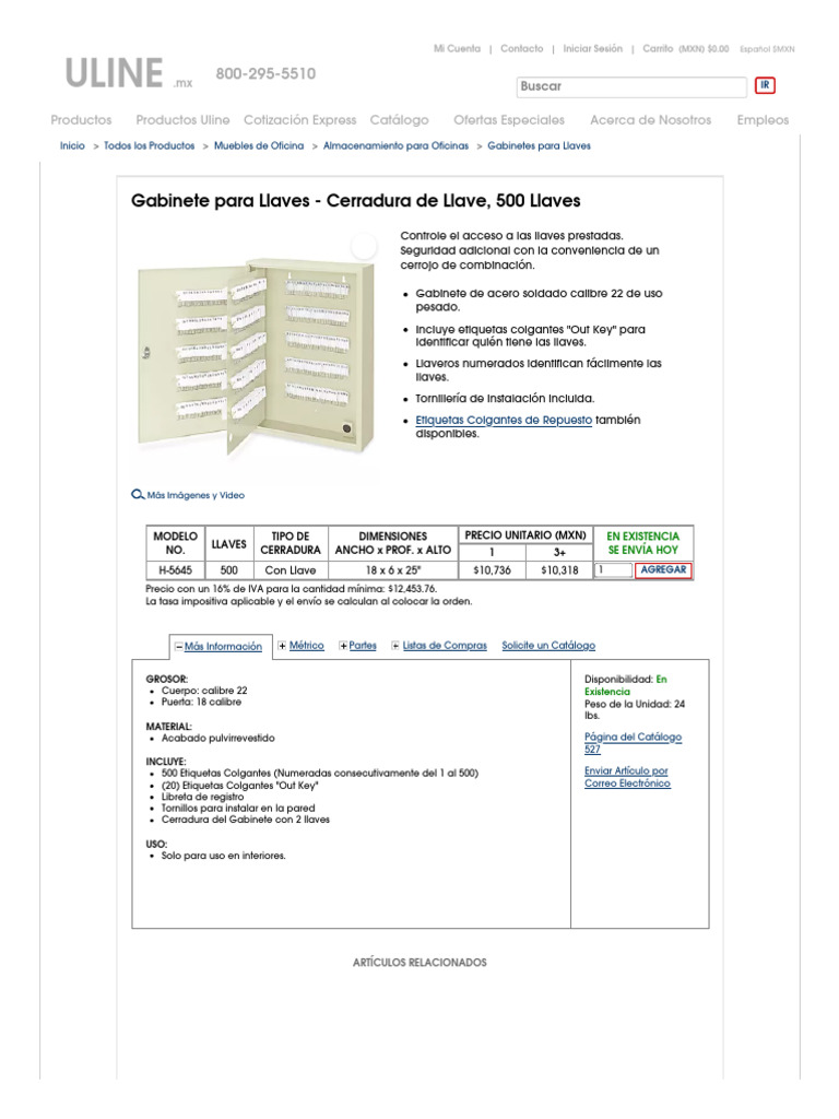 Gabinete para Llaves - Cerradura de Llave, 500 Llaves H-5645 - Uline | PDF